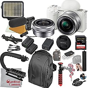 Sony ZV-E10 Mirrorless Camera with 16-50mm Lens (White) Video Bundle + LED Video Light + Microphone + Extreme Speed 64GB Memory(21pc Bundle), ILCZV-E10L/W