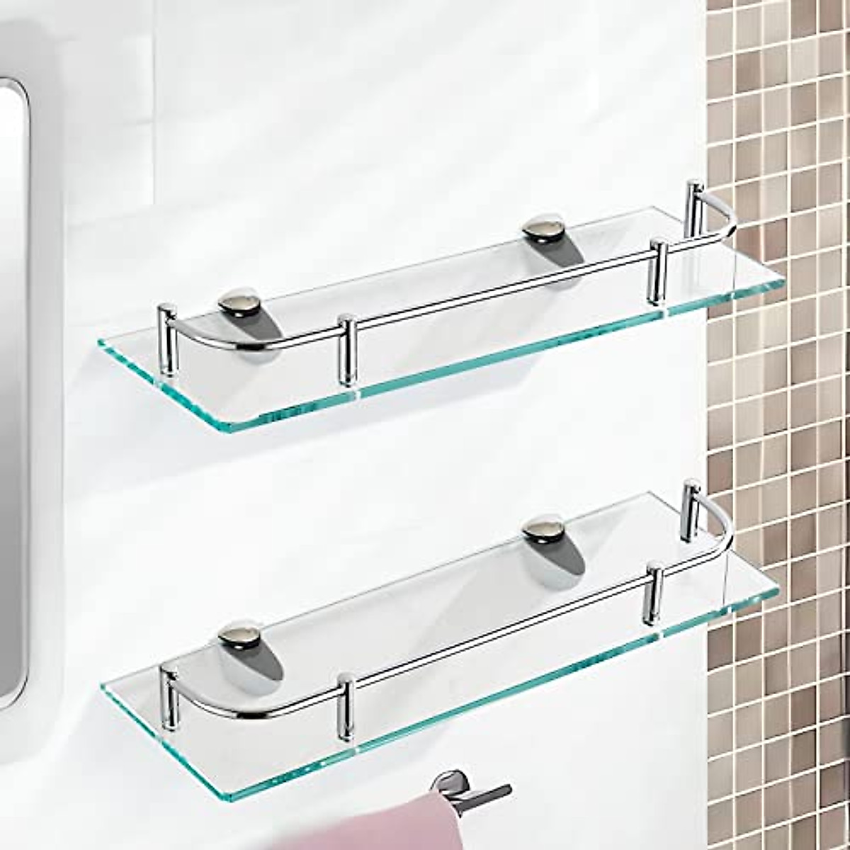 VASUHOME 2 Tier Bathroom Glass Shelves, Tempered Glass Bathroom Wall Organizer with Silver Guardrail, and 2 Metal Hooks - Wall Mounted Rectangular Shelves for Storage and Display
