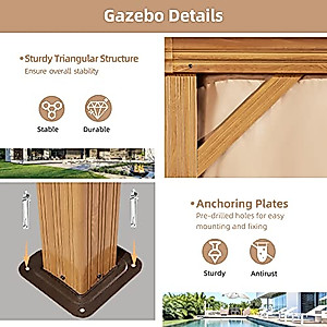 MELLCOM 10' x 12' Hardtop Gazebo, Wooden Finish Coated Aluminum Frame Gazebo with Galvanized Steel Double Roof, Brown Metal Gazebo with Curtains and Nettings for Patio, Lawn & Garden