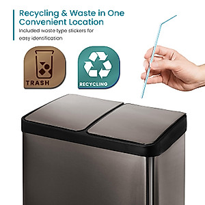 Home Zone Living 15.8 Gallon Kitchen Trash Can, Dual Removable Liners for Recycling and Trash, Wide Stainless Steel Shape, Black (7.9 + 7.9 for 15.8 Gallon Total)