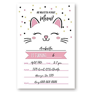 LoaHak Kitty Cat Birthday Invitation, Cat Birthday Invitations, Cats Party Invitations Kitty Cards For Children Kids Birthday Party. (050)