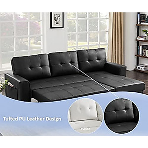 INFINI FURNISHINGS 84" Wide Sectional Sofa with Pull Out Sleeper Bed, Reversible Storage Chaise Lounge, Modern Tufted Line Design Sofabed, Faux Leather, Black