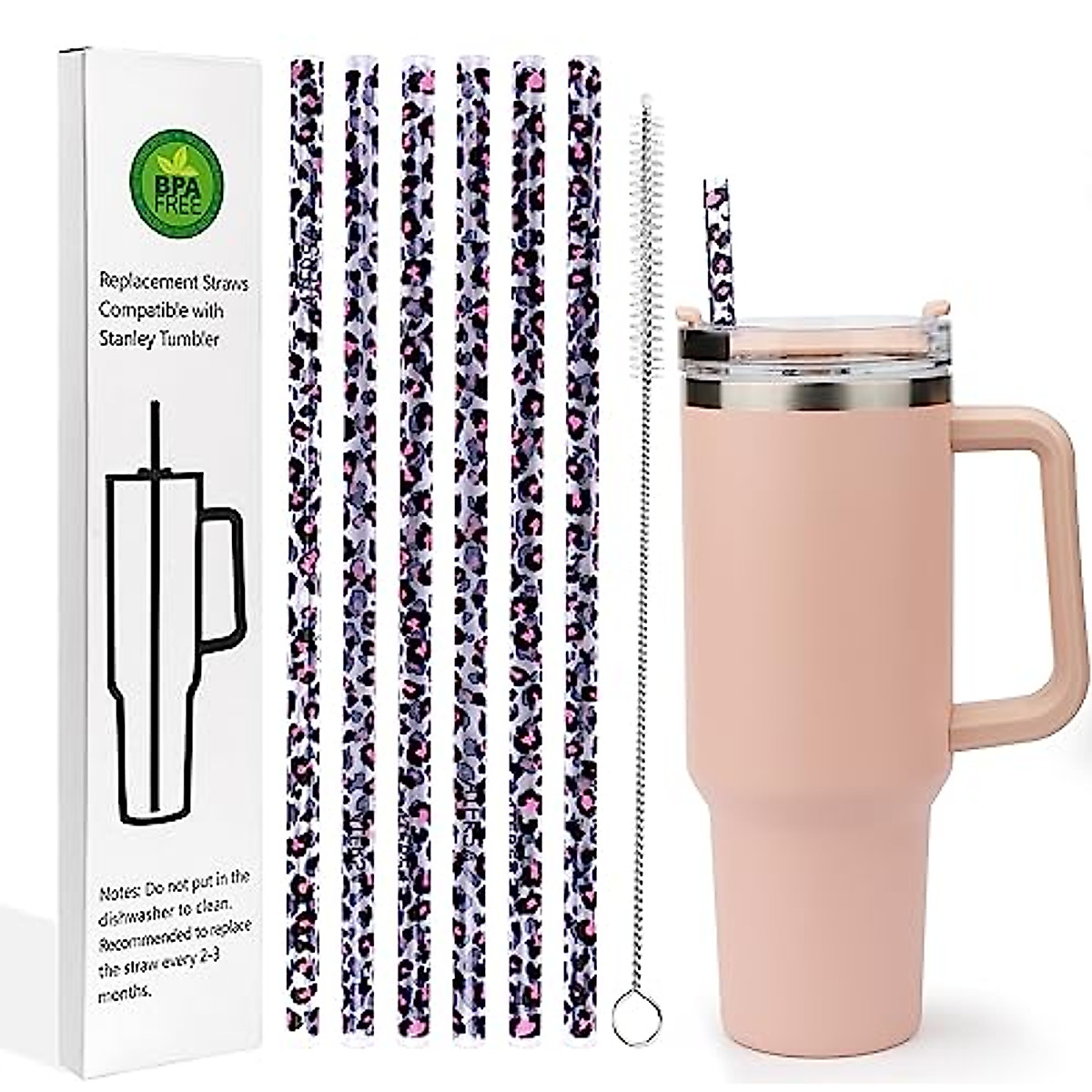 AIERSA 6 Pack Leopard Straw Replacement 40oz for Stanley,Plastic Reusable Straw for Stanley Tumbler,Long Straws with Cleaning Brush for Stanley Cup Accessories