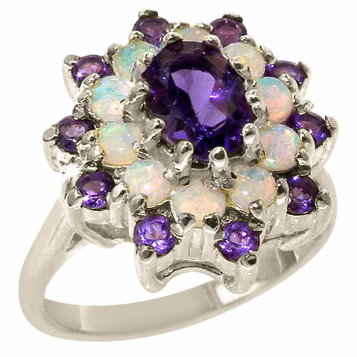 LetsBuyGold 925 Sterling Silver Real Genuine Amethyst and Opal Womens Band Ring - Size 7