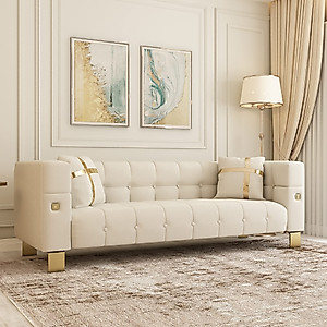 MoLiFaning 89" Modern Chesterfield Velvet Sofas Mid Century Modern Button Tufted Velvet Couches with 2 Pillows and Gold Legs,for Living Room Apartment Bedroom Office Beige