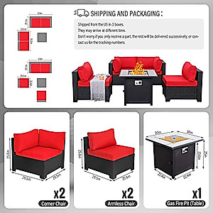 Outdoor Patio PE Wicker 5 Piece Furniture Set, Black Rattan Sectional Conversation Sofa Chair with Square Propane Fire Pit Table, Red Cushion
