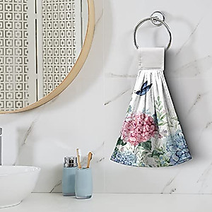 Kwlegh Pink Flowers Dish Towels with Hanging Loop Butterfly Kitchen Towels Set of 2 Summer Hydrangea Bathroom Hand Towels Soft Absorbent Tie Towels for Bathroom Kitchen 12x17 Inch