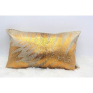 Gold Metallic Throw Pillow with Foil Leaf Design Case + Insert Gold Throw Pillow