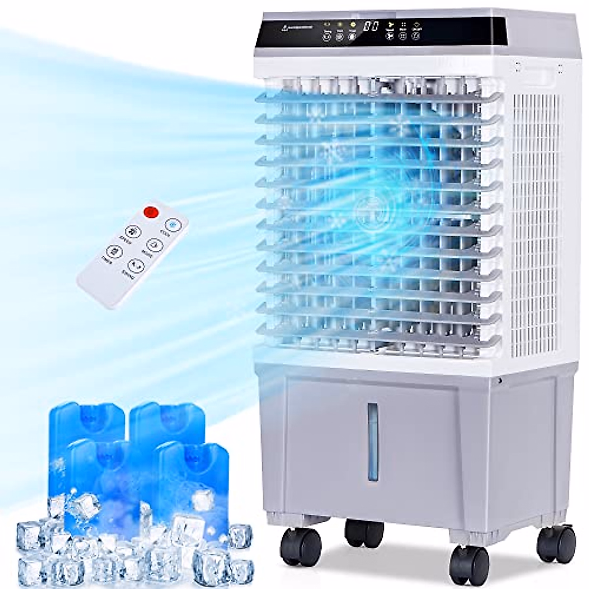 Uthfy Evaporative Air Cooler, Swamp Cooler with 5.3 Gallon Reservoir, 4 Ice Box, Remote, 12H Timer, 70°Oscillation Air Cooler Cooling Fan with 3 Speeds for Bedroom Home Office