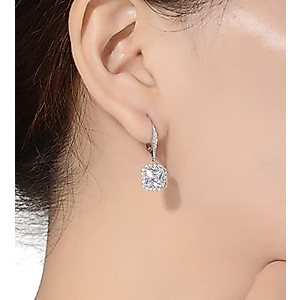 Bridal Simulated Diamond CZ Halo Drop Earrings by Lux and Glam Jewelry - Heart, Round, Square and Triangle Shape (Square - White Gold)