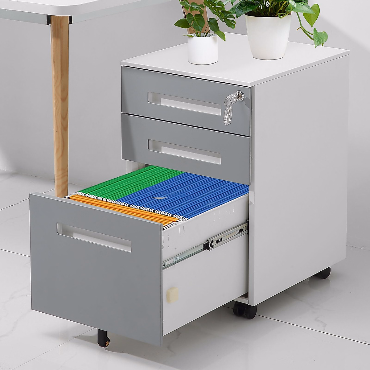 GOOGIC 3-Drawer Mobile File Cabinets, Rolling Metal Vertical Filing Cabinet for Legal & Letter File Anti-tilt Design with Lock Fully Assembled Except Wheel, Gray&White(Style 3)