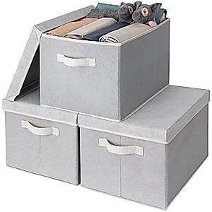 GRANNY SAYS Fabric Boxes with Lids, Decorative Baskets for Storage Containers for Closet, Cloth Storage Bins Jumbo Storage Boxes for Linens Clothes Organizers, Gray/Beige, 3-Pack