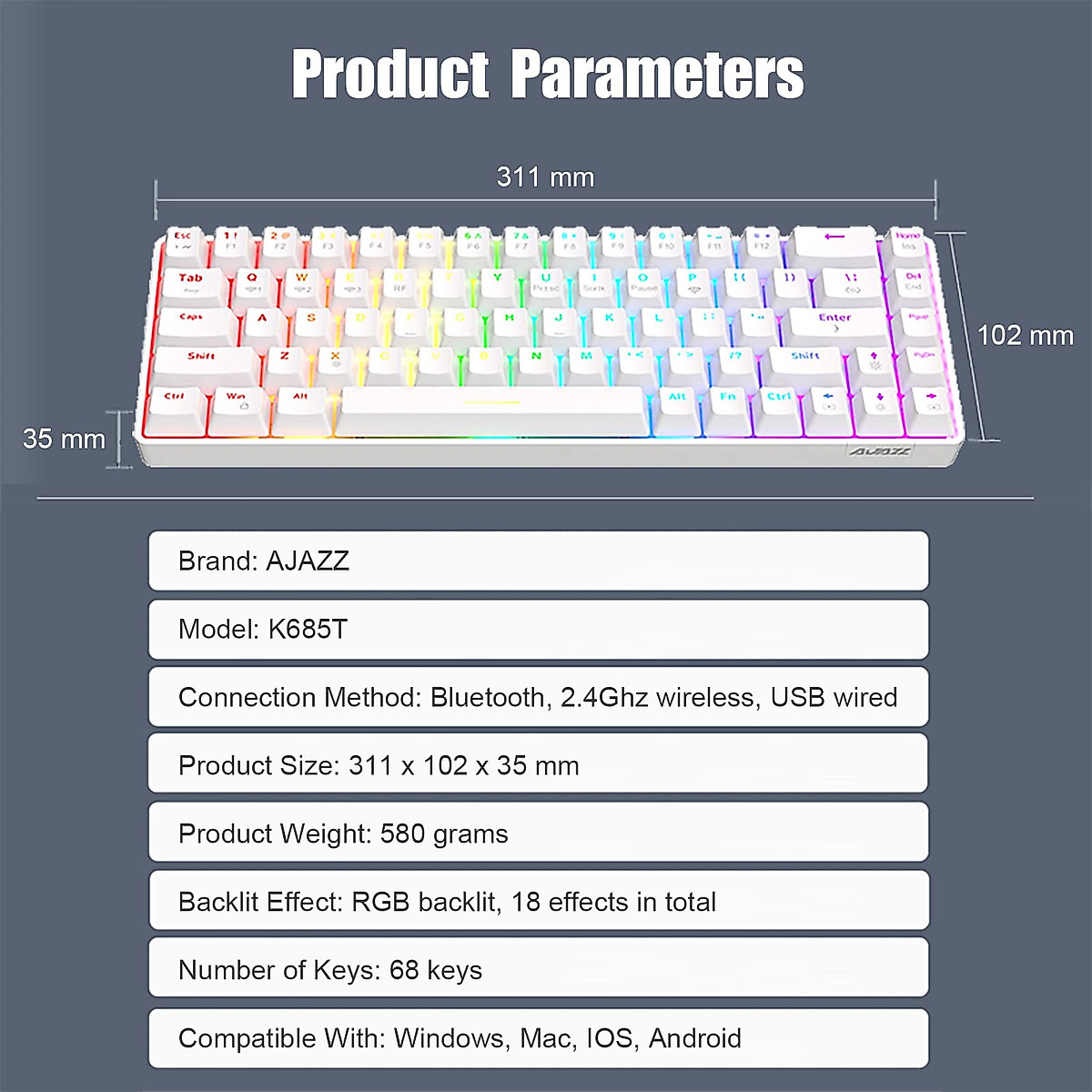 Ajazz K685T Wireless 60% Mechanical Keyboard, Bluetooth/2.4G/Wired Multi-Mode, RGB Backlight, N-Key Rollover 68 Keys, Hot Swap Switch, Compatible for Multi-Device Connection (White, Brown Switch)