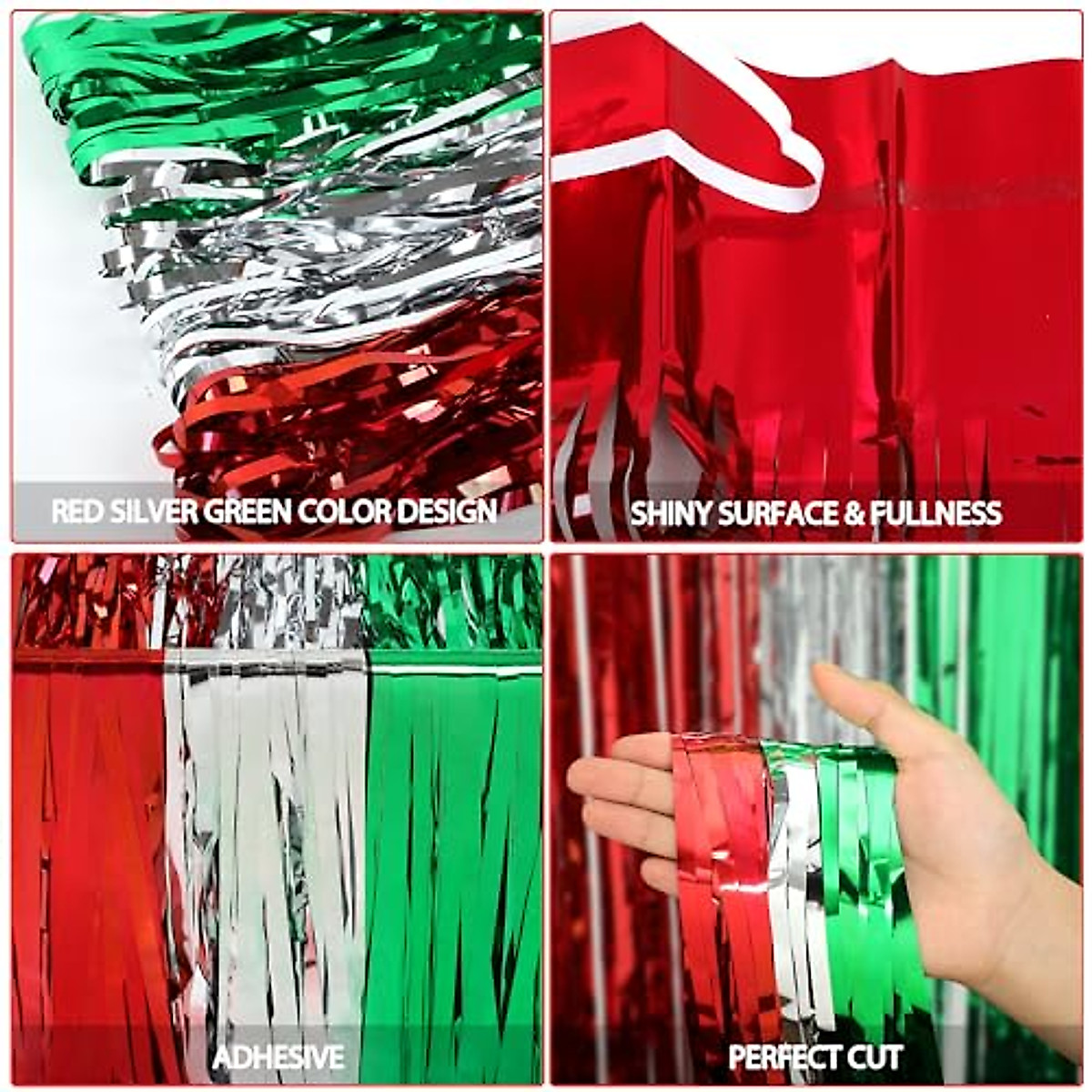 3 Packs 3.3ft x 6.6ft Christmas Foil Fringe Curtains Christmas Party Decoration Red Silver Green Tinsel Foil Fringe Curtains Shiny Metallic Backdrop Photo Booth Props for Christmas Party Supplies