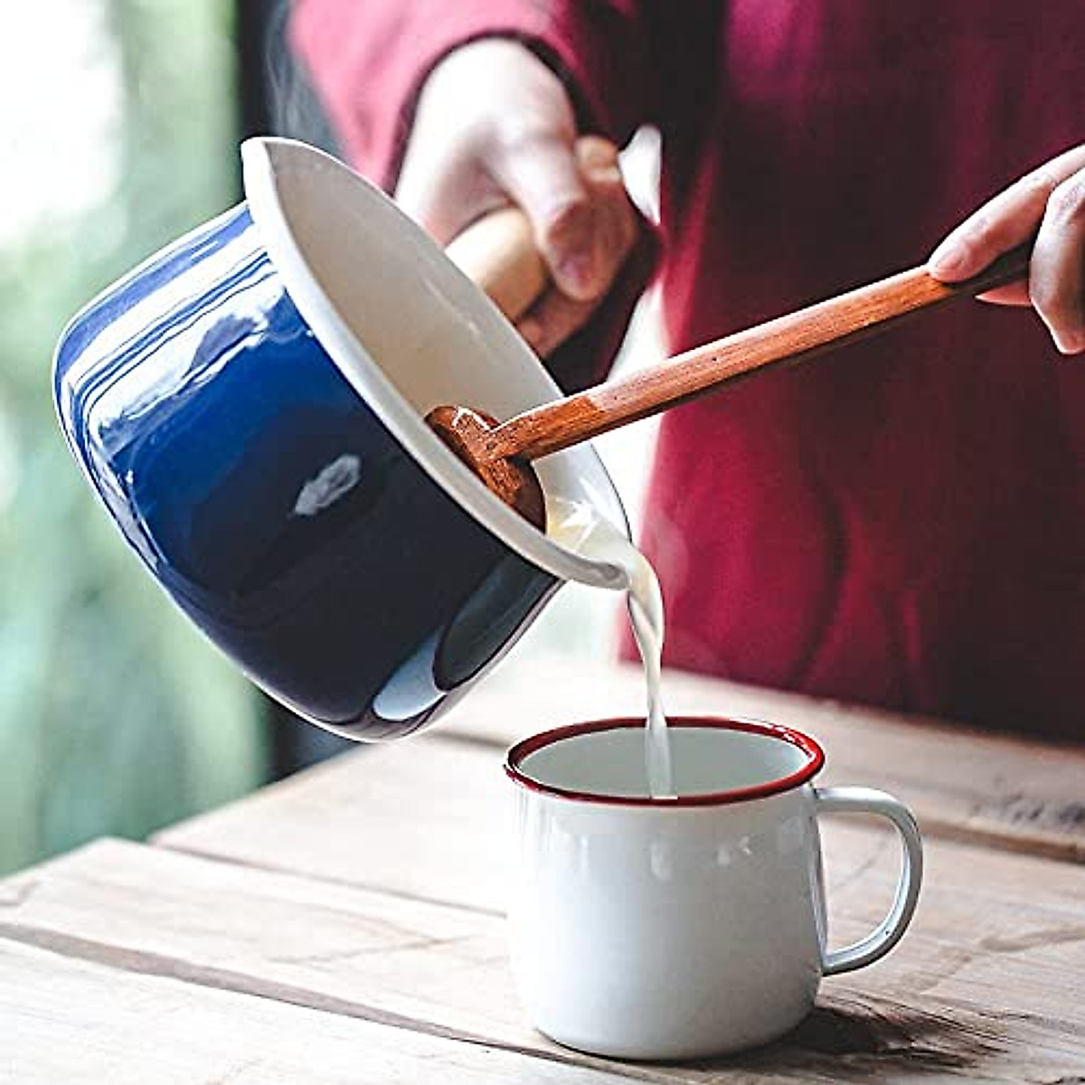 YumCute Home Enamel Milk Pan with Dual Pour Spout Butter Warmer Milk Pot Healthy White Enamel Inside Coating Iron 1QT Enamel Saucepan Small Soup Pot with Wooden Handle Handy Pot (Blue)