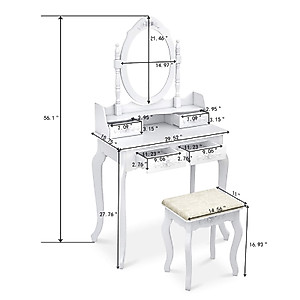 HEPMIMZHU Vanity Desk with Mirror and Lights and Drawers, Vanity Mirror with Lights Desk and Chair, Wood Makeup Vanity with Drawers & Shelves, Cushion Stool, for Bedroom (White6)