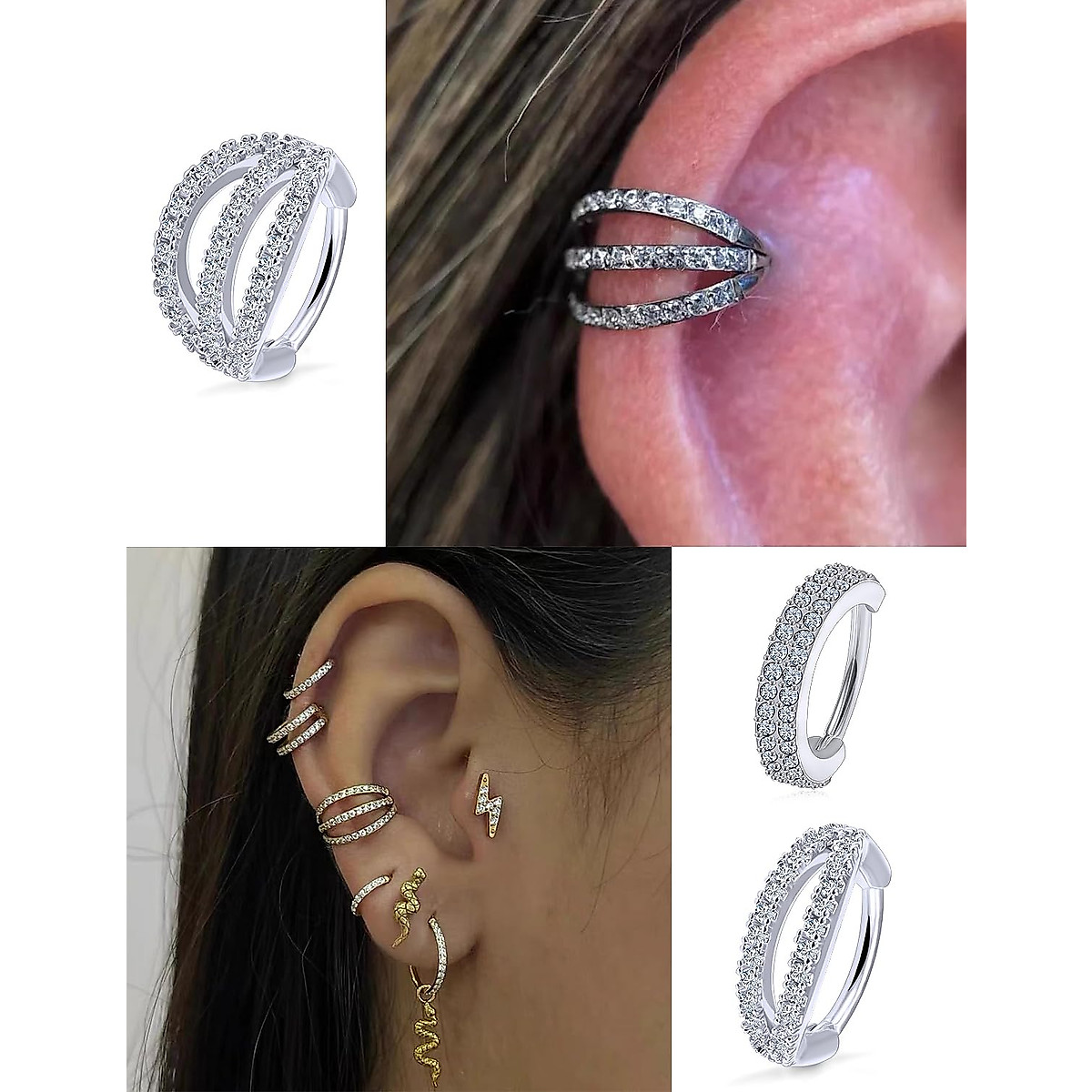 Ftovosyo 16G Conch Piercing Jewelry Surgical Steel Conch Hoop Earring Double Row Diamonds Helix Piercing Jewelry Conch Earrings for Women Lip Labret Rings Hoop Silver-tone
