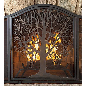 Plow & Hearth Metal Fireplace Screen Tree of Life Black | 44" W x 33" H | Flatguard | Spark Guard Grate | Iron Fire Place Cover | Wood Stove Accessories