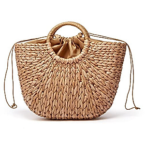Womens Large Straw Bags Beach Tote Bag Hobo Summer Handwoven Bags Purse With Pom Poms (C-Khaki)
