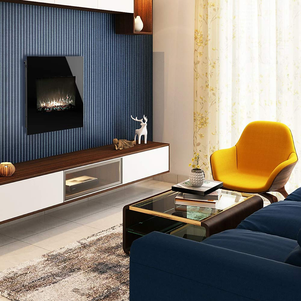 LifePlus Electric Fireplace Heater, 26 Inch Glass Fireplace Heater with Wall Mounted and Freestanding, Adjustable 10 Flame LED Colors, Log & Crystal Hearth Options, Remote Control, 12H Timer