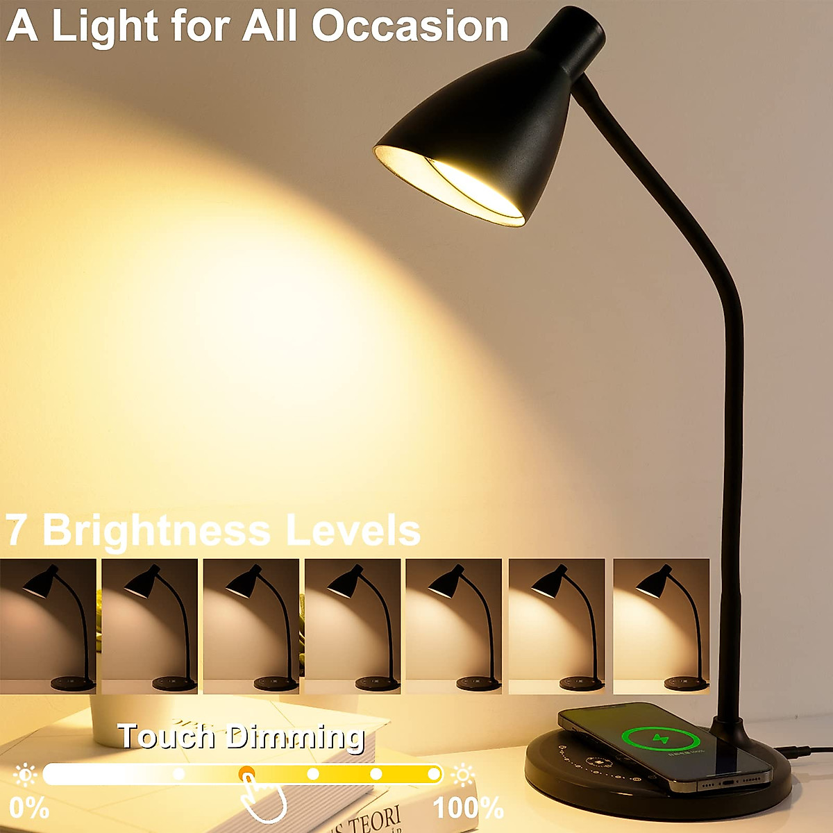 KAiSnova Desk Lamp with Wireless Charger & USB Charging Port, 60 LED Desk Lamps for Home Office, 5 Color & 7 Levels Brightness Touch Control Table Lamp, Gooseneck Desk Lamps for Bedroom Bedside Dorm