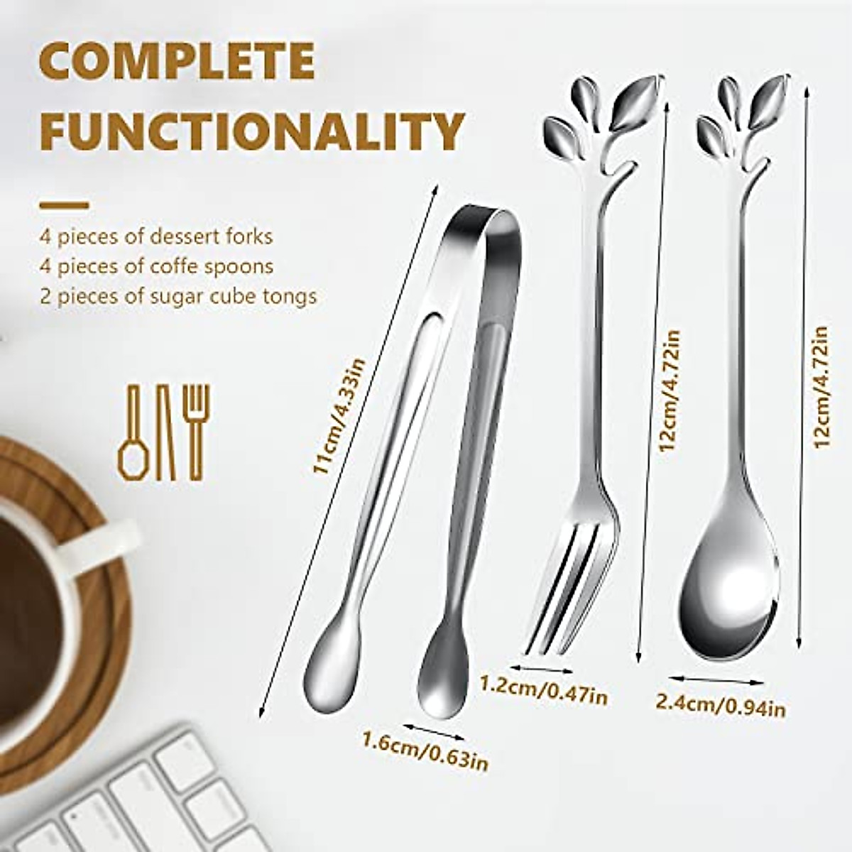 Leaf Coffee Spoons, Mini Serving Tongs and Appetizer Forks Stainless Steel Sugar Cube Tongs Dessert Spoons Metal Dinner Forks for Dessert Coffee Tea (10, Silver)