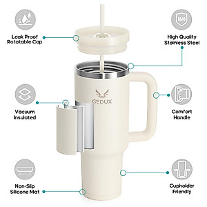 Gedux 40oz Tumbler With Handle, 2-IN-1 Leak Proof Lid (Straw/Flip), Insulated Water Bottle, Stainless Steel Tumbler with Non-Slip Silicone, Wide Mouth Travel Mug Cupholder Friendly Dishwasher Safe