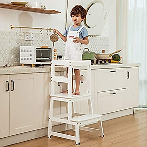 Kitchen Step Stool for Kids and Toddlers with Safety Rail Children Standing Tower for Kitchen Counter, Parents' Helper Kids Learning Stool, White