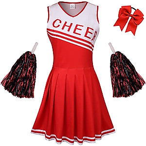 GRAJTCIN Girls Cheerleader Costume Dress for Kids Halloween Costume 6 Years Cheer Uniform Cheerleading Outfit (130, Red)