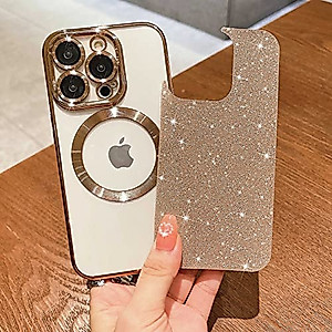 MGQILING Compatible with iPhone 13 Pro Magnetic Glitter Case, Luxury Plating Cute Bling Clear Phone Case, Compatible with MagSafe for Women Girls with Camera Protector Back Cover - Gold