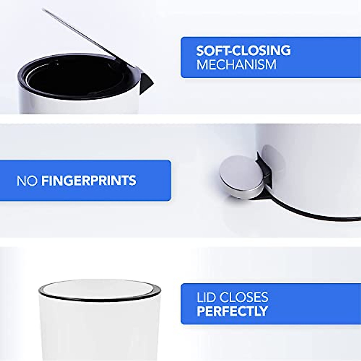 Bamodi Mini Step Trash Can with Lid - 0.8 Gallon Stainless Steel Garbage Can - Soft-Closing System and Removable Inner Bucket Trash Bin - Ideal for Bathroom, Bedroom and Kitchen - White