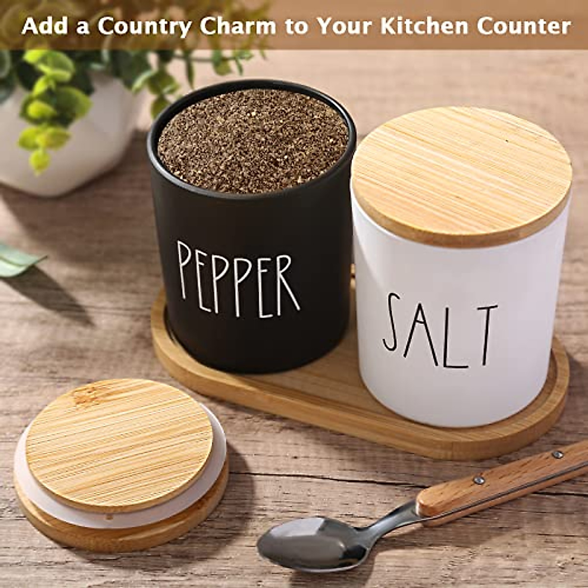 ALPIRIRAL Salt and Pepper Bowls, Salt and Pepper Holder Set with Bamboo Tray, Salt Container with Bamboo Lid, Black and White Salt Cellar, Salt Box for Countertop, Farmhouse Kitchen Decor, Set of 2