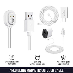 Wasserstein Bundle - Arlo White 16ft Weatherproof Magnetic Charging Cable & 2-Pack White Adjustable Metal Mount Compatible with Arlo Pro 3/Pro 4 & Arlo Ultra/Ultra 2 ONLY