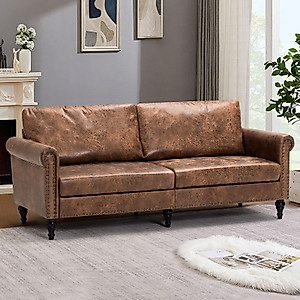 ACMEASE 80” Faux Leather Sofa with Nailhead Trim, Traditional 2 Seater Couch with Rolled Arms, Upholstered Loveseat Sofa for Living Room, Apartment, Studio, Office, Brown
