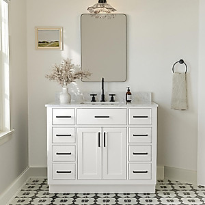 ARIEL Hepburn 43 Inch Single Sink Bathroom Vanity in White, Italian Carrara Marble Top, Solid Wood, Rectangular Sink, 2 Soft Closing Doors, 9 Full Extension Dovetail Drawers, Toe Kick