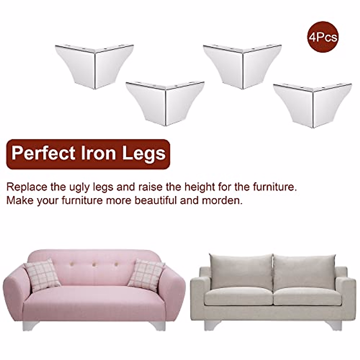 BSTKEY 4Pcs 8CM/3 Inch Modern Metal Furniture Sofa Cabinet Legs with Mounting Screws - DIY Replacement Legs Set for Furniture Cabinet Foot Legs Sofa Bed Desk Table Feet Support, Silver