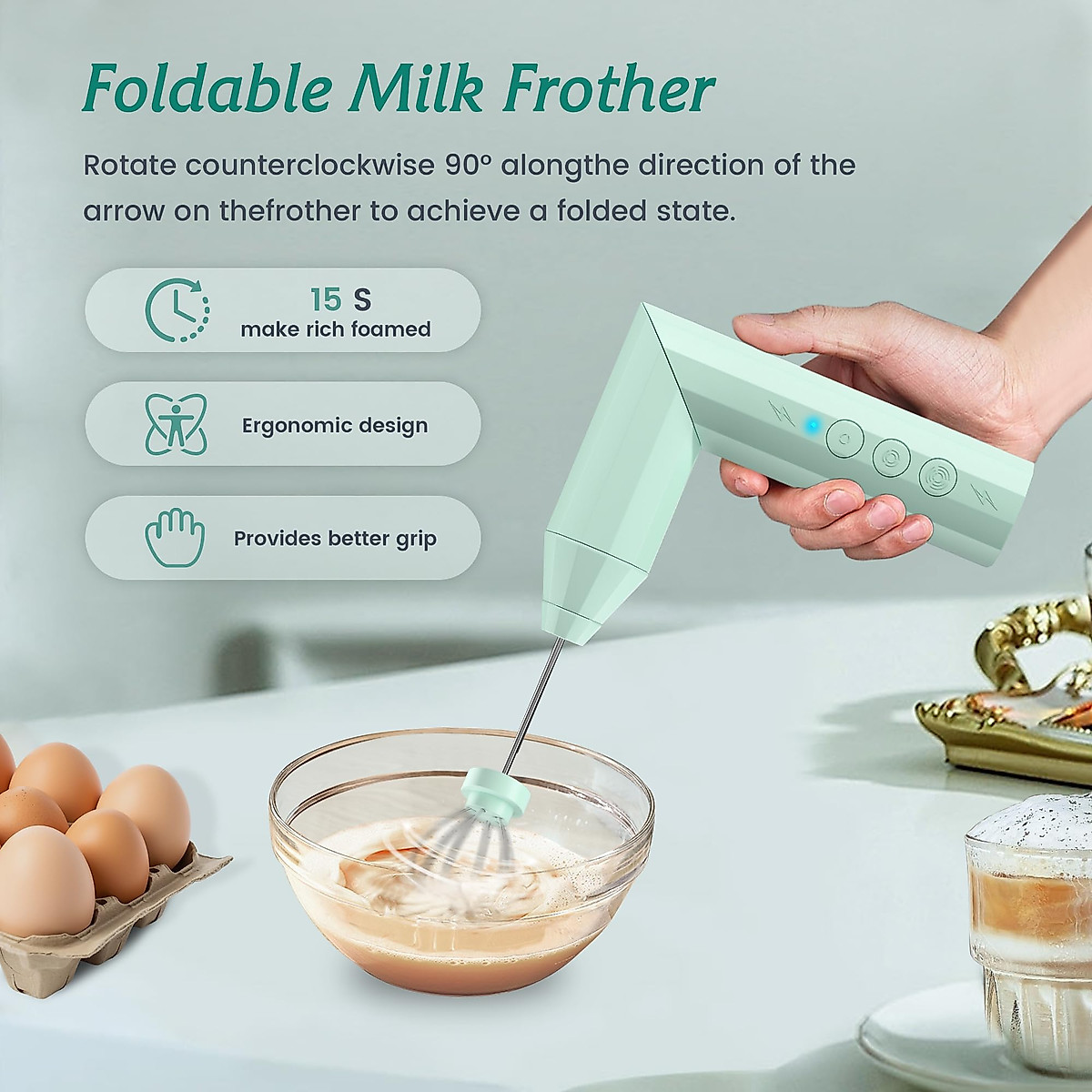 Milk Frother Handheld, USB-C Rechargeable Coffee Frother Wand, Electric drink mixer with Charging Base&3 Heads,3 Speeds Adjustable, Electric Whisk Drink Mixer Handheld with Stand for Coffee,Egg Green