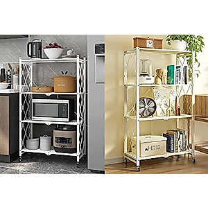 ShanSon Storage Shelves with Wheels 4 Tier Heavy Duty Foldable Metal Rack Storage Shelving Units for Garage Kitchen，White