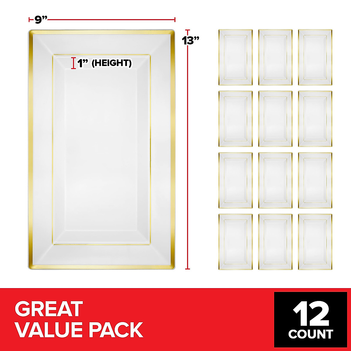 (12 Pcs) Premium White and Gold Plastic Serving Tray, Plastic Serving Platter Disposable, White Rectangle Party Trays and Platters for Fruit, Dessert, Cookies, Appetizers, Holiday Parties