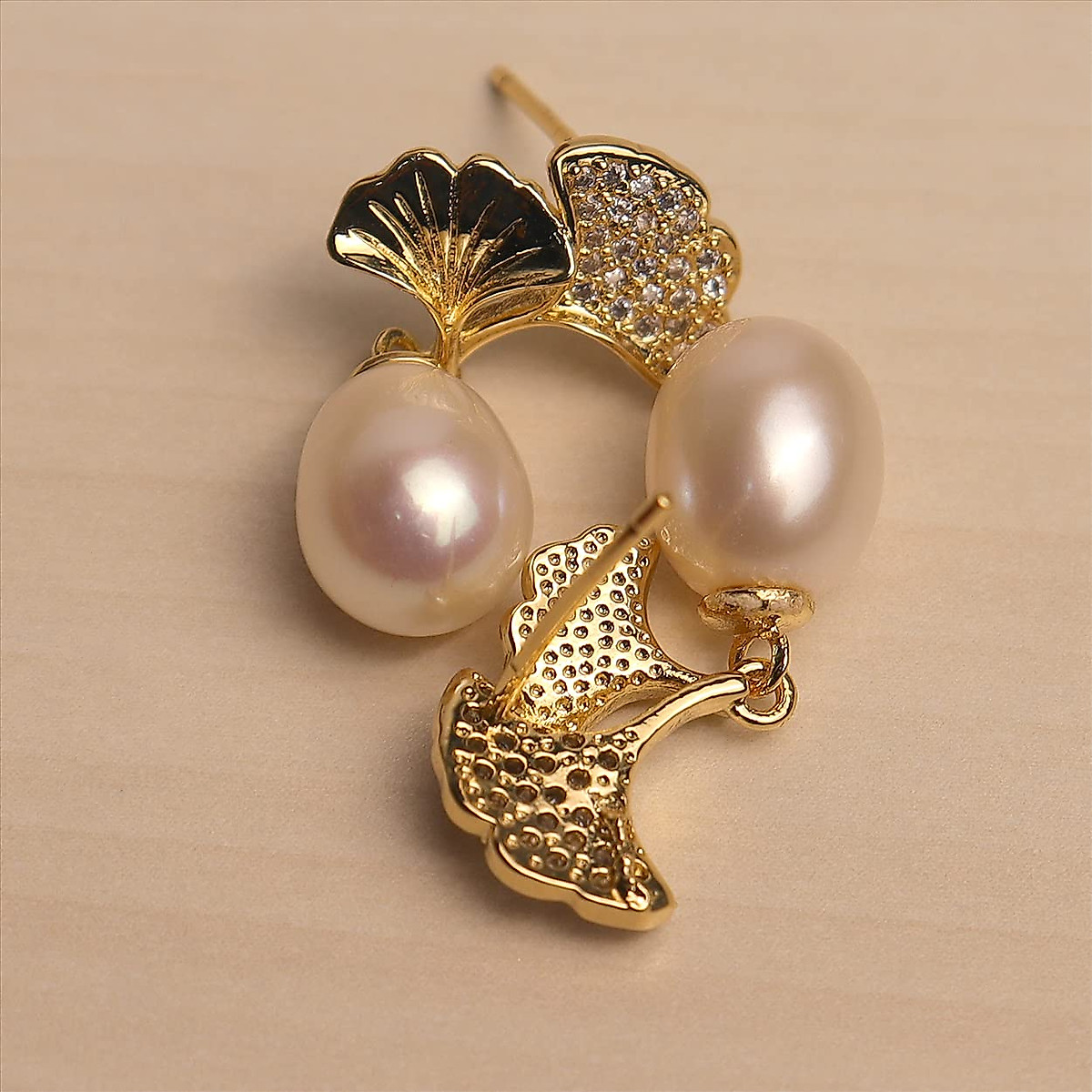 Sonateomber Gold Ginkgo Leaf Pearl Drop Dangle Earrings for Women Cute Freshwater Pearl Teardrop Dangling Hypoallergenic Stud Prom Wedding Bridal Jewelry Gifts