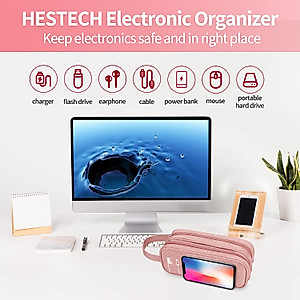 HESTECH Electronic Organizer Travel Case Cord Organizer Traveling Bag Tech Organizer Pouch for Charging Data Cable,Charger,Phone,Power Bank,Mouse,USB Flash Drive,Earphone,Pink with 5PCS Cables Ties