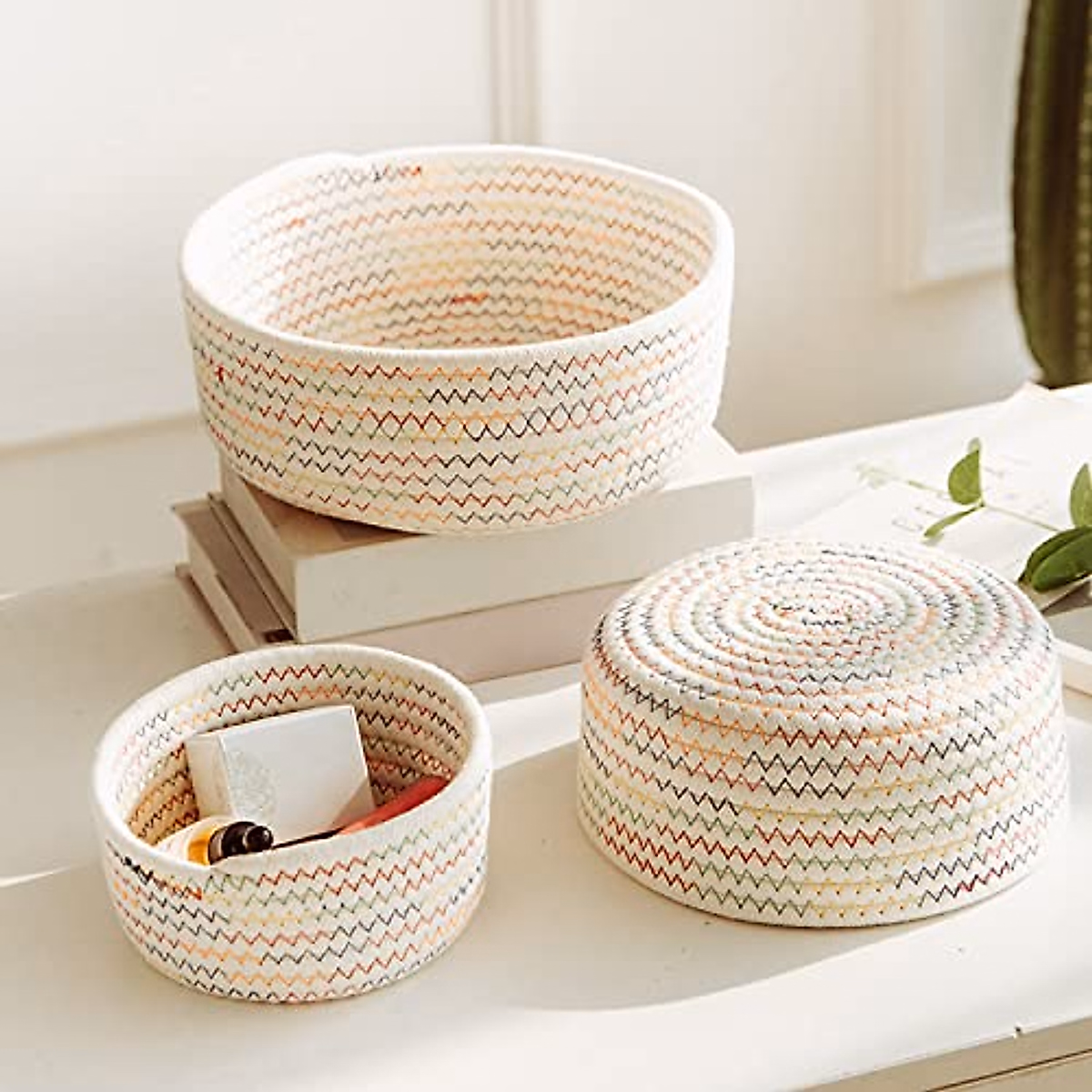 LYZOLICS Cotton Rope Basket, Woven Baskets for Storage, Storage Baskets for Shelves, Pack of 3, Baskets to Store Organize Household Items for Living Room Bedroom Play room (White)