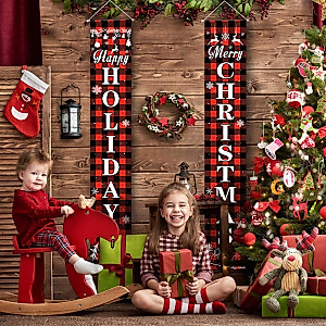 ZiegLad Merry Christmas Banner Front Porch Sign, Buffalo Plaid Christmas Door Banner, Christmas Hanging Banner for Yard Home Fireplace Front Door, Indoor Outdoor Xmas Party Holiday Burlap Flag Banner
