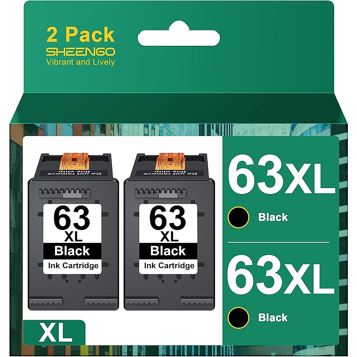 SHEENGO 63XL Black Ink Cartridge Replacement for HP 63 Works with DeskJet 1112, 2100 Series, 3600 Envy 4500 OfficeJet 3800 4600 5200 Series F6U62AN, 2 Pack