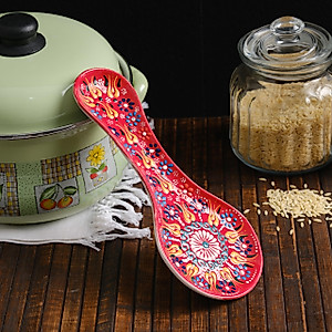 Handmade Spoon Rest, Ceramic Spoon Rest for Stove Top, 10" Spoon Rest for Kitchen Counter, Dishwasher Safe Spoon Holder for Stove, Housewarming Gifts Utensil Rest, Colorful Spoon Rests (Apple Red)