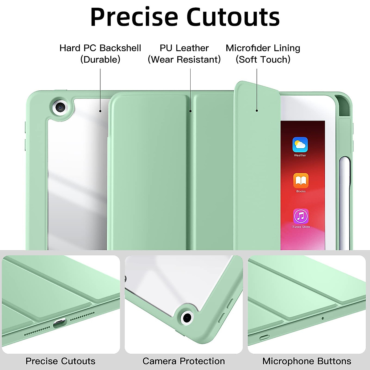 Wenlaty Compatible with iPad 9th /8th /7th Generation Case(2021/2020/2019), Full Body Protective Case with Pencil Holder, Clear Case Designed for iPad 10.2 Inch, Auto Sleep/Wake Cover, Mint Green