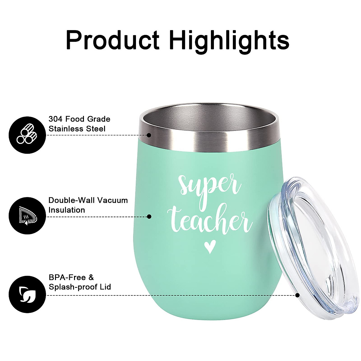 Super Teacher Stainless Steel Wine Tumbler, Christmas Birthday Appreciation Retirement Teacher’s Day Thank You Gifts for Teacher Tutor Professor Women, 12oz Insulated Wine Tumbler with Lid, Mint Green