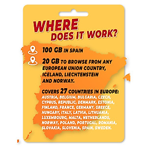 SIM Orange - 100GB Prepaid SIM Card Spain| 5€ Balance | 800 Minutes for Calls to The US and More Than 50 Countries | 16GB in Europe| Activation Online only at www. tourtech.Shop