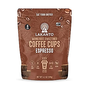 Lakanto Sugar Free Espresso Coffee Cups - Sweetened With Monk Fruit Sweetener and Erythritol, Eat Your Coffee, On the Go, Dark Roast, Keto Diet Friendly, Vegan (Espresso - 8 Cups - Pack of 1)