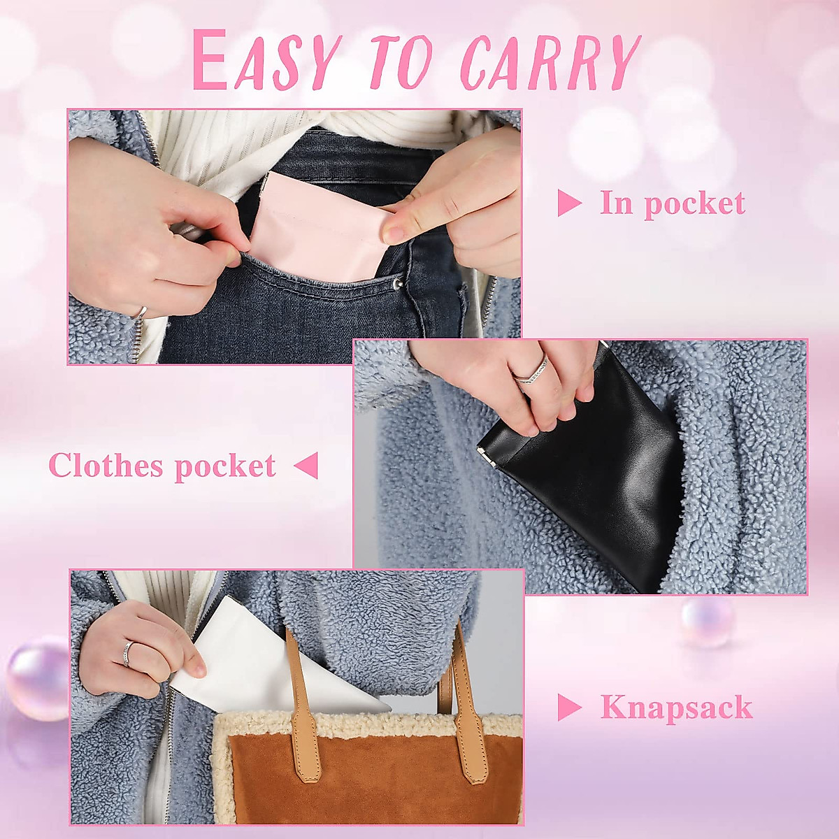 WSICSE 6 Pcs Lambskin Pocket Cosmetic Bag Squeeze Top, 3 Size Portable No Zipper Self-Closing Pouches for Purse Mini Bag Purse Small Makeup Pouch for Purse Cosmetics Headphones Jewelry